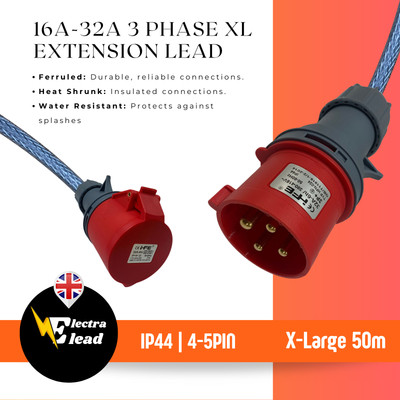 50M 3 PHASE EXTENSION LEAD 16A-32A | 4-5 PINS | 415V-IP44 SY CABLE ...