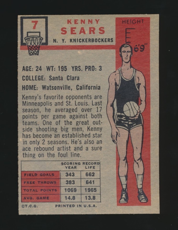 1957-58 Topps Basketball -#7 KENNY SEARS RC (New York Knicks) *NICE* | eBay