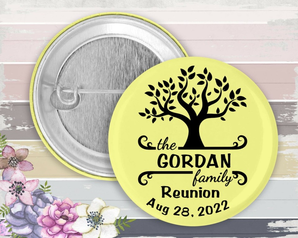 PERSONALIZED 12 FAMILY REUNION BUTTONS PINS KEEPSAKE FAVOR CHOICE OF ...