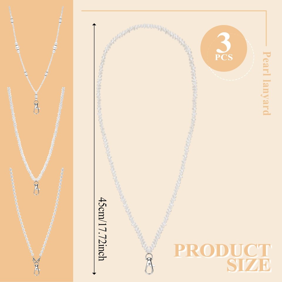 3 Pcs Chain Lanyard Pearl Lanyards for ID Badges for Women and Men ...