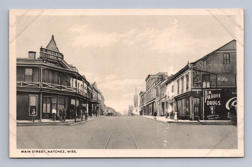 Main Street NATCHEZ Mississippi Antique Postcard Pardee Drugs Sign ...