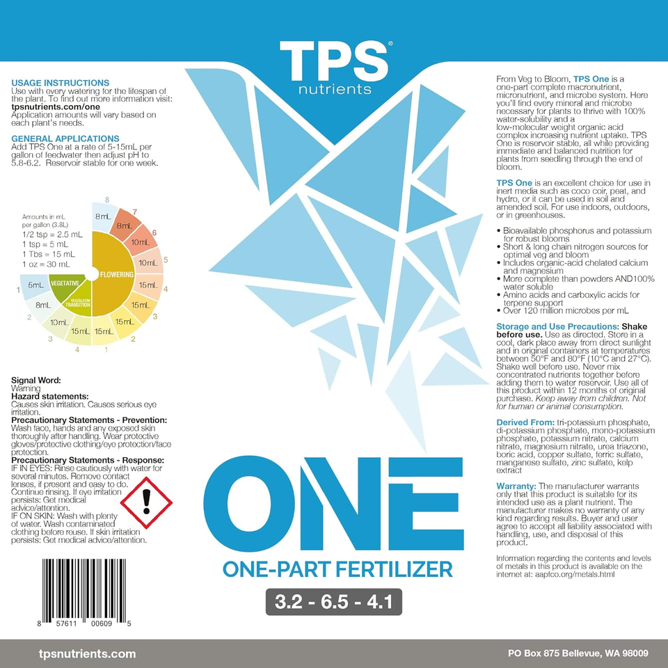 TPS One Liquid One Part Plant Nutrient Veg to Bloom, Lush Growth ...