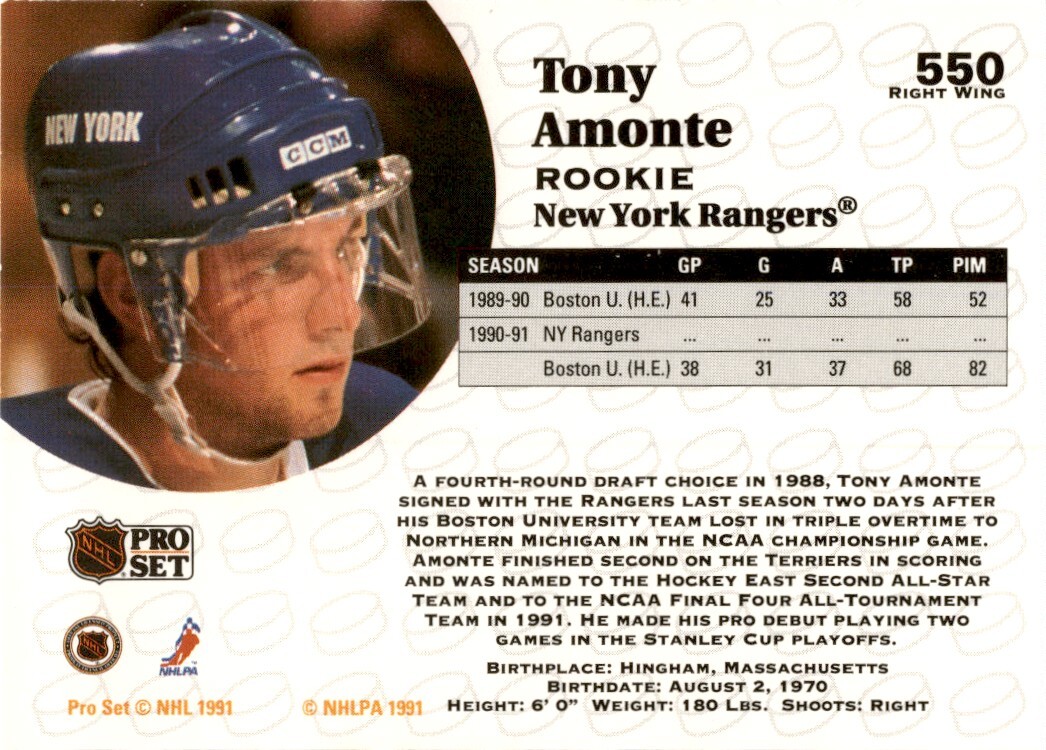 1991-92 Pro Set Tony Amonte Rookie New York Rangers #550 | eBay