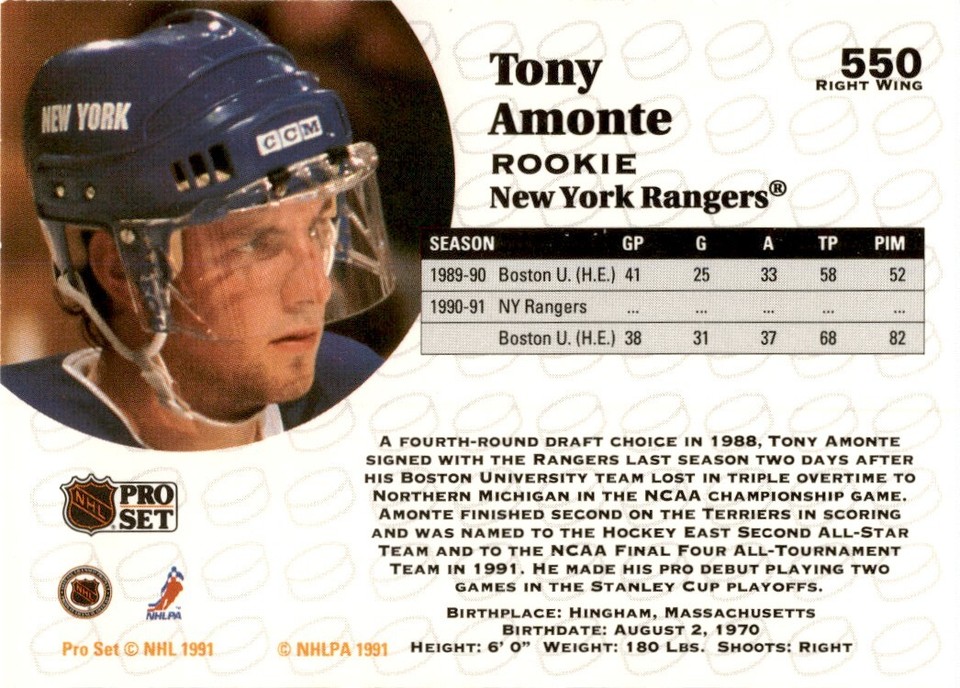 1991-92 Pro Set Tony Amonte Rookie New York Rangers #550 | eBay