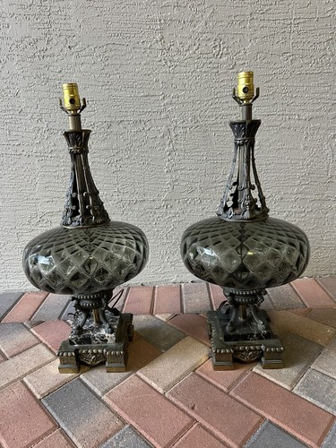 Vintage Regency Mid Century 60s Falkenstein Smoked Glass Table Lamp ...