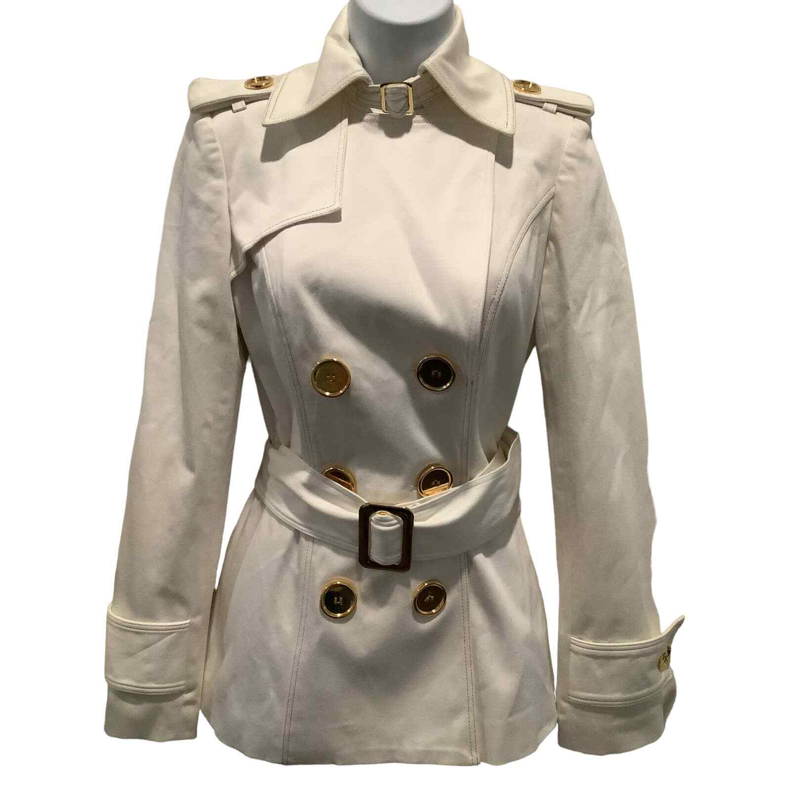 CACHE IVORY DOUBLE BREASTED BELTED TRENCH/CAR COAT S - Gem