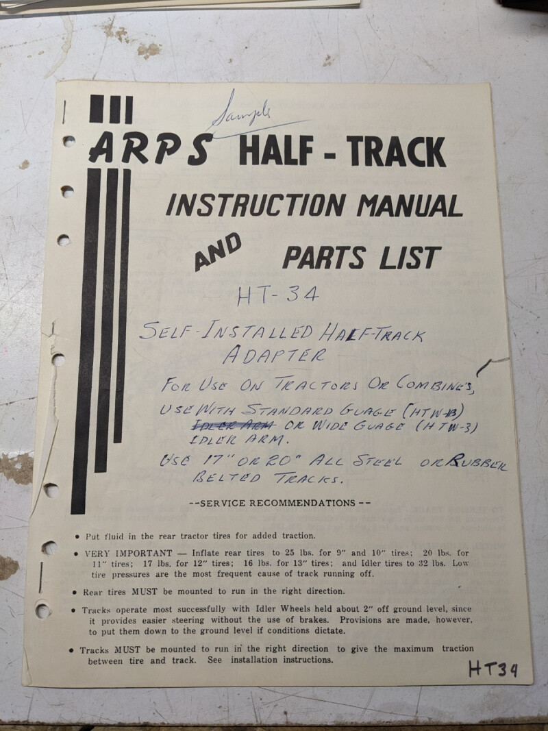 ARPS TRACTOR HALF-TRACK INSTRUCTION OWNER MANUAL PARTS LIST SELF ...