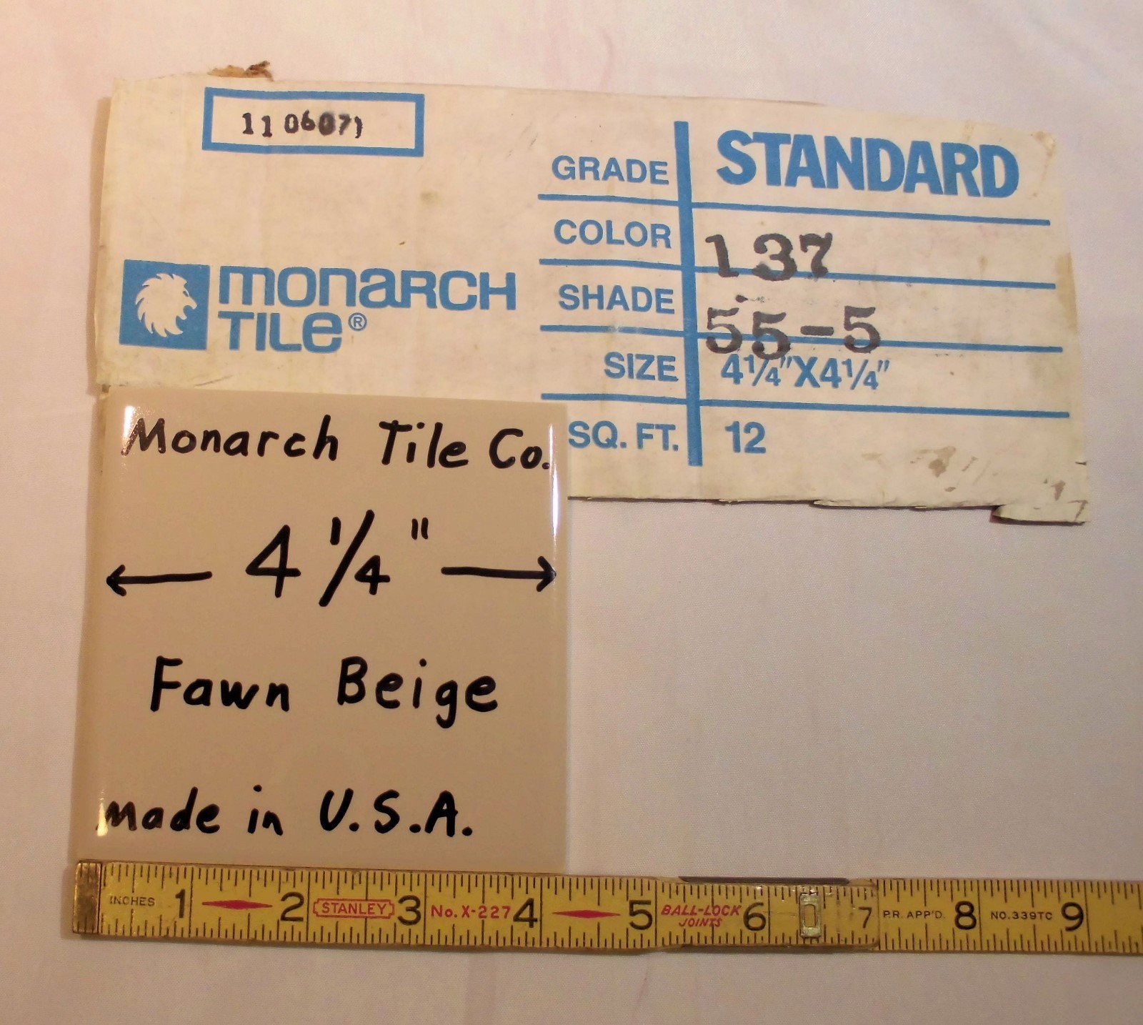 1 pc. Glossy Ceramic Tile *Fawn Beige* 4-1/4" by Monarch Tile Co. U.S.A ...