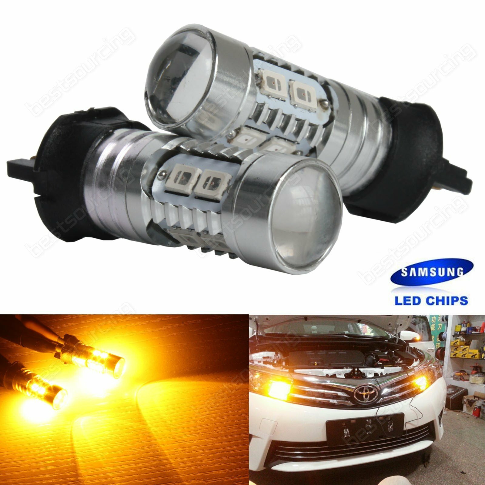 2pcs PW24W PWY24W LED Bulbs DRL Daytime Running Light Amber Audi VW BMW ...