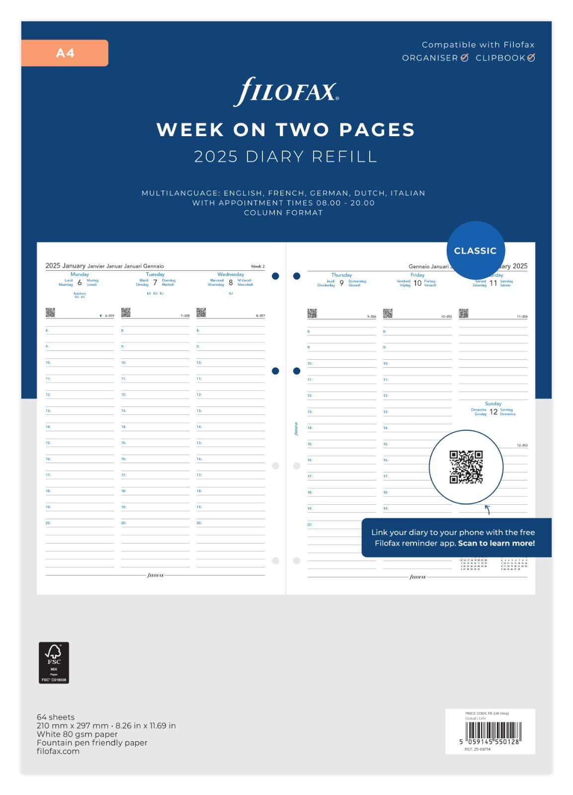 Filofax A4 Diary 2025 or 2024 Week on Two w Appts Refill 5 Languages ...