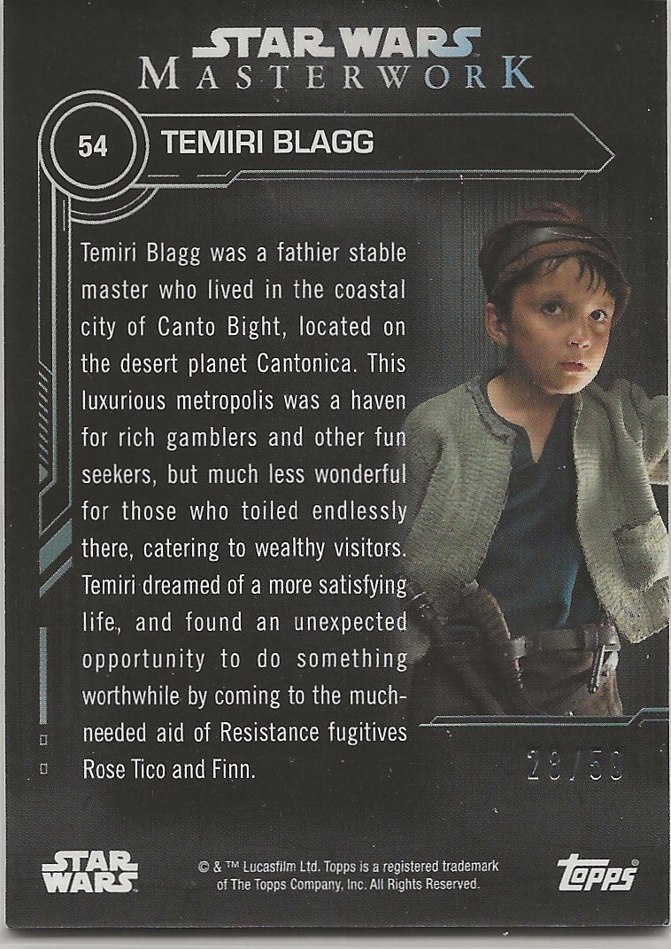 2019 Topps Star Wars Masterwork CARD 54 PURPLE PARALLEL TEMIRI BLAGG ...