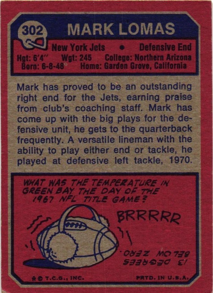 MARK LOMAS 1973 Topps FB #302 FREE SHIP 50% OFF B1001R2S28P9 | eBay