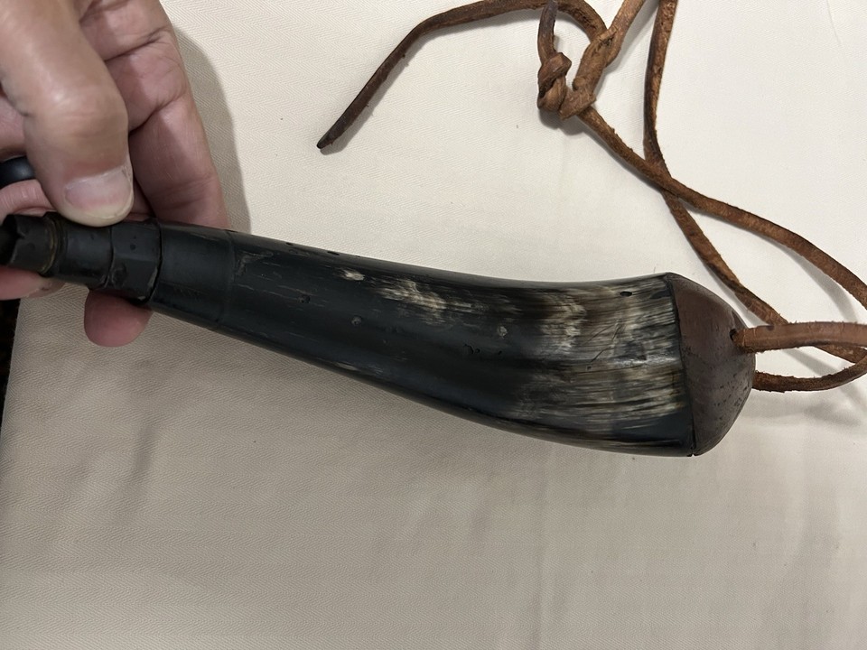 Vintage Powder Bull Horn with Wood Caps Plugs and Leather Strap ...