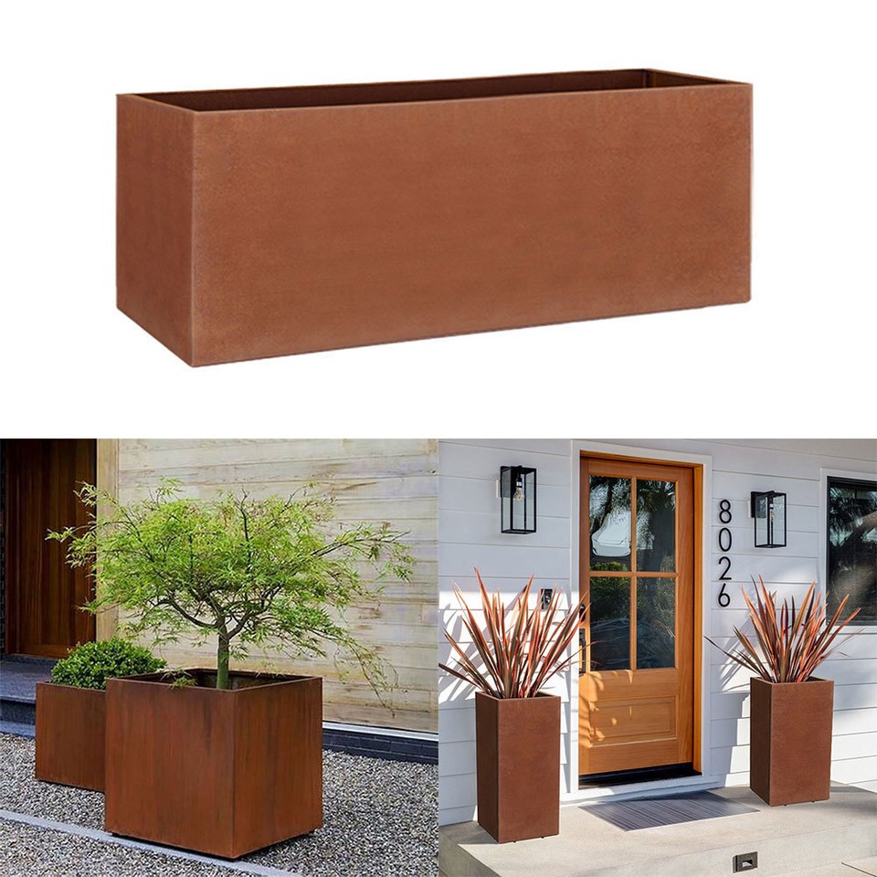 Large Rectangle Corten Steel Plant Pot Floor Stand Outdoor Patio Trough ...