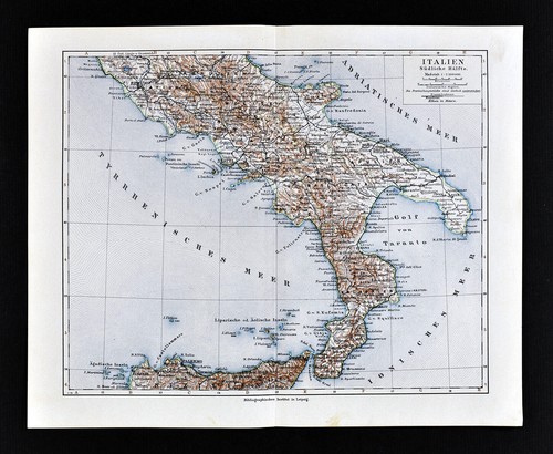 1900 Meyers Map South Italy Rome Naples Capri Taranto Messina Palermo ...