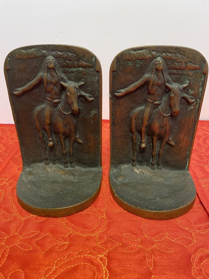 Antique Bronze Bookends Freedom Indian Warrior Art Sculpture Study ...