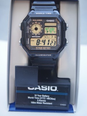 CASIO World Time Illuminator 3299 AE-1200WH 5 Alarms WR 10 BAR | eBay