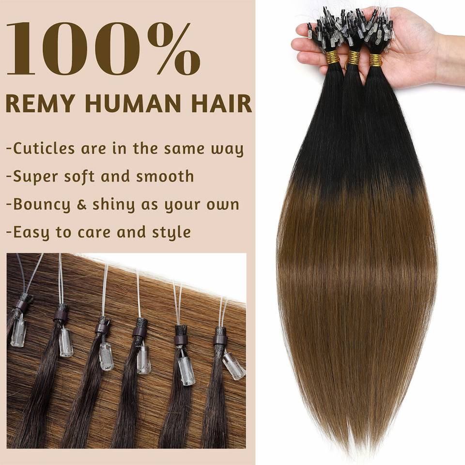 THICK 300S Micro Loop Ring 100% Remy Human Hair Extensions Nano Beads ...