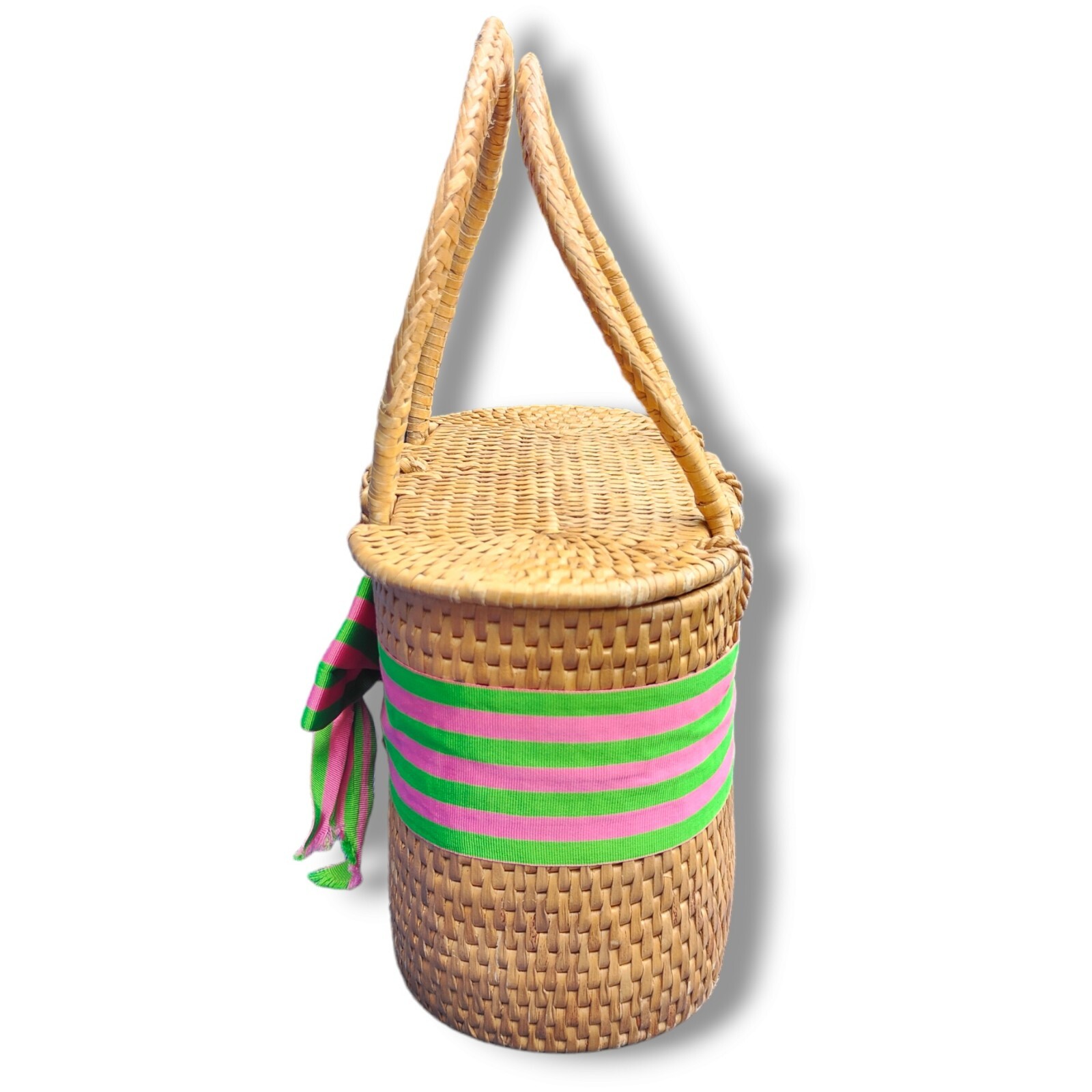 Vintage Wicker Rattan Palm Beach Preppy Pink Green Ribbon Woven Handbag ...