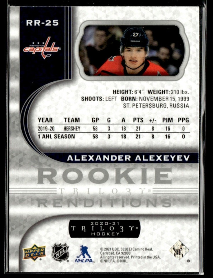 2020-21 Upper Deck Trilogy Rookie Renditions Alexander Alexeyev #RR-25 ...