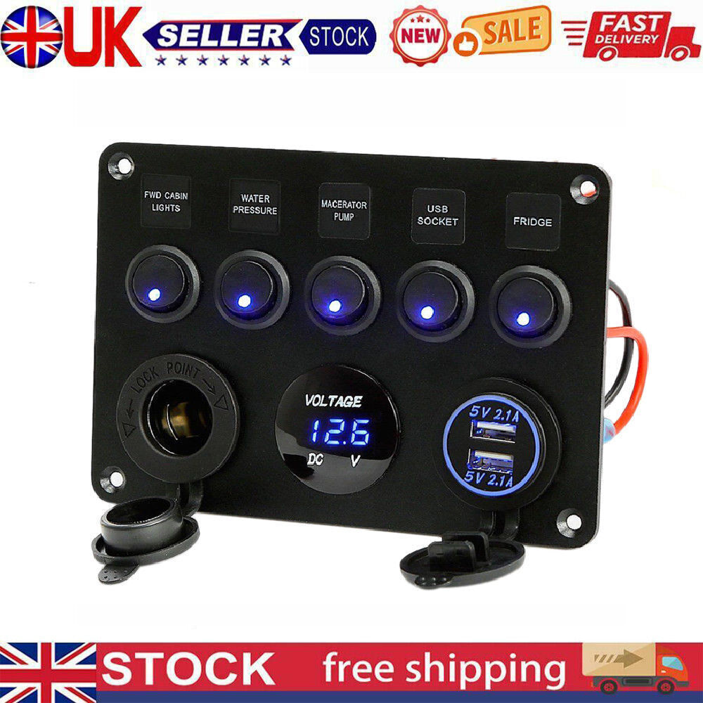 UK 5 Gang 12V/24V Inline Fuse Box LED Switch Panel 2 USB Car Boat Truck ...