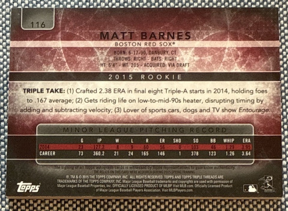 Matt BARNES🔥2015 Topps Triple Threads RUBY RC Patch Relic AUTO #116 1/1 ...