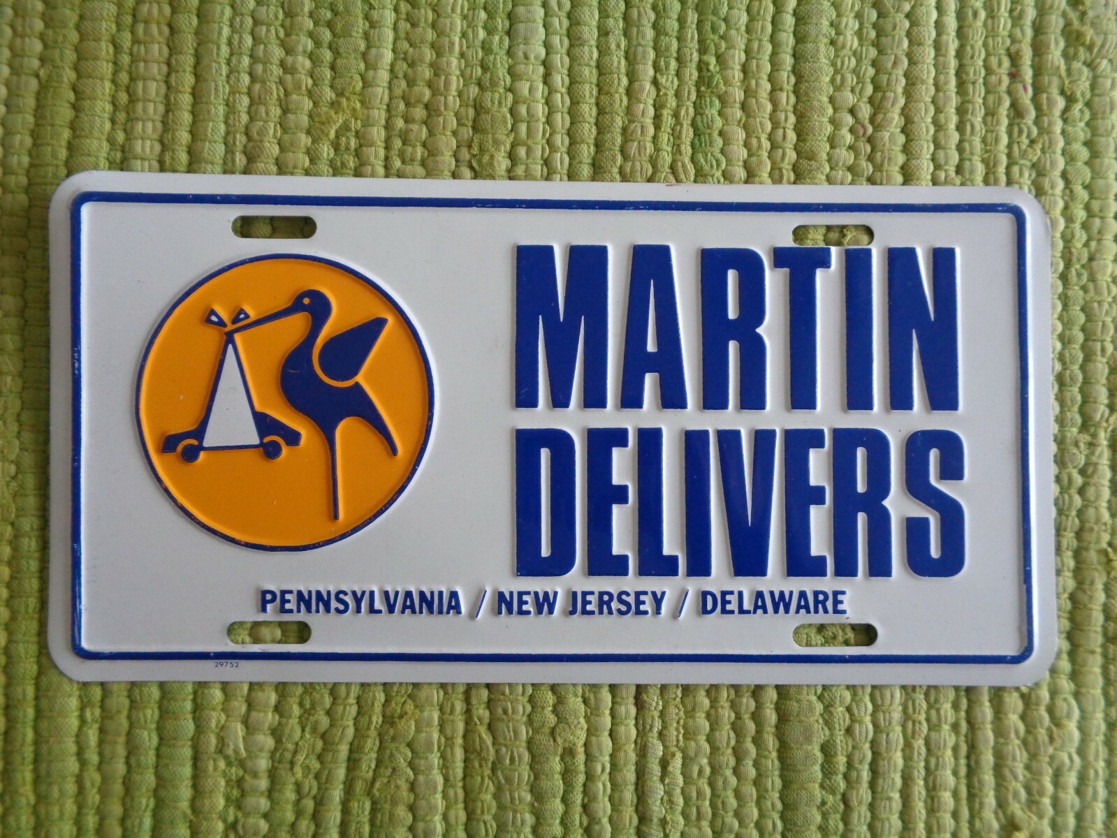 Vintage Martin Delivers DEALER License Plate PA NJ DE Tag Flying Stork ...