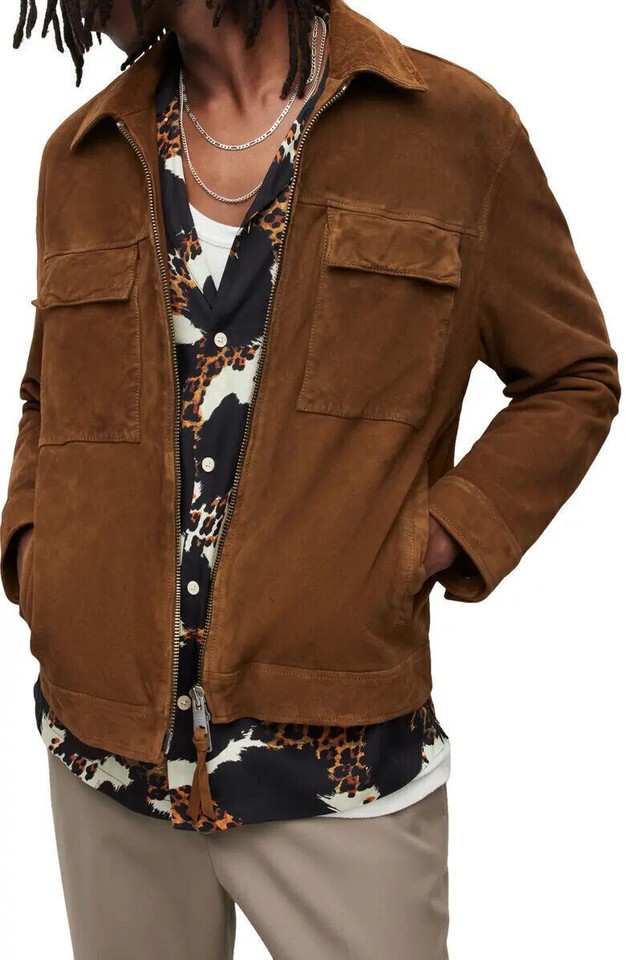 HOT! Cool Stylsih Men's Brown Suede Jacket 100% Sheepskin Slim Fit ...