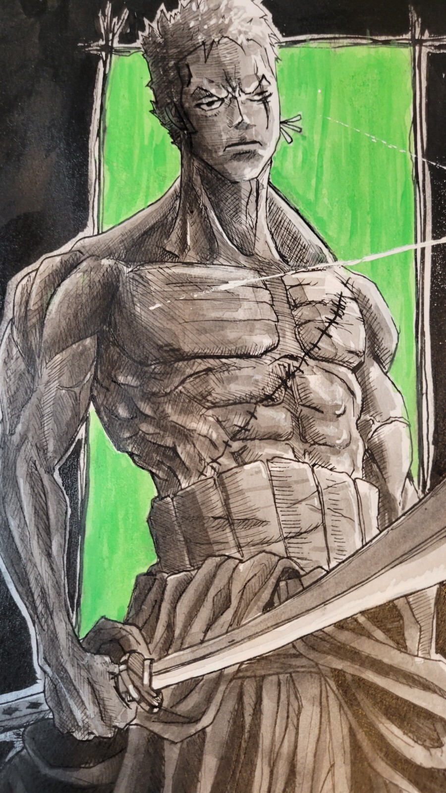 Roronoa Zoro Ink Wash & Acrylic Drawing One Piece Original Art Signed 1 ...
