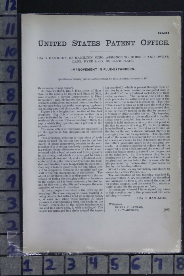 1871 HAMILTON OWENS LANE DYER HAMILTON OHIO FLUE EXPANDER PATENT LITHO ...