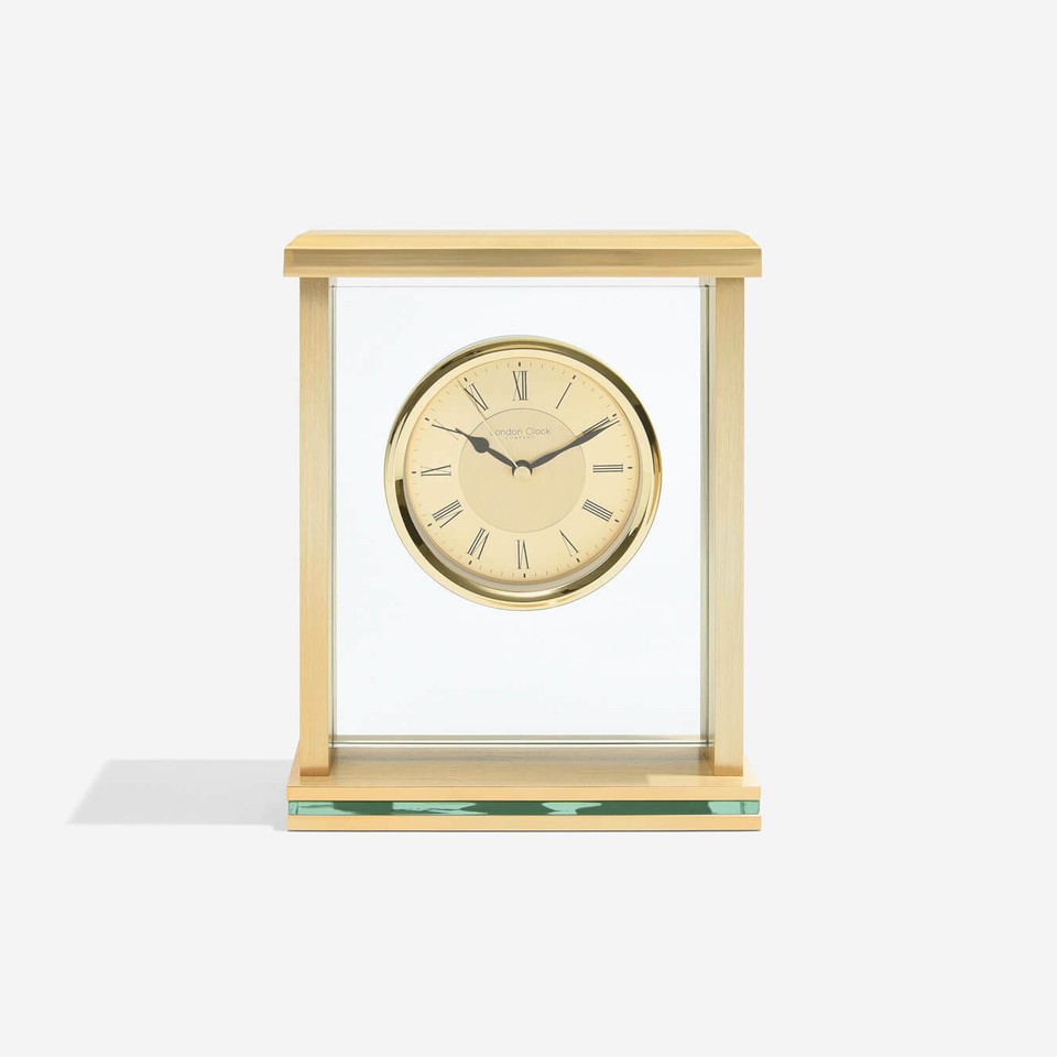 Gold Finish & Glass Quartz Battery Mantel Clock with Roman Numeral Dial ...