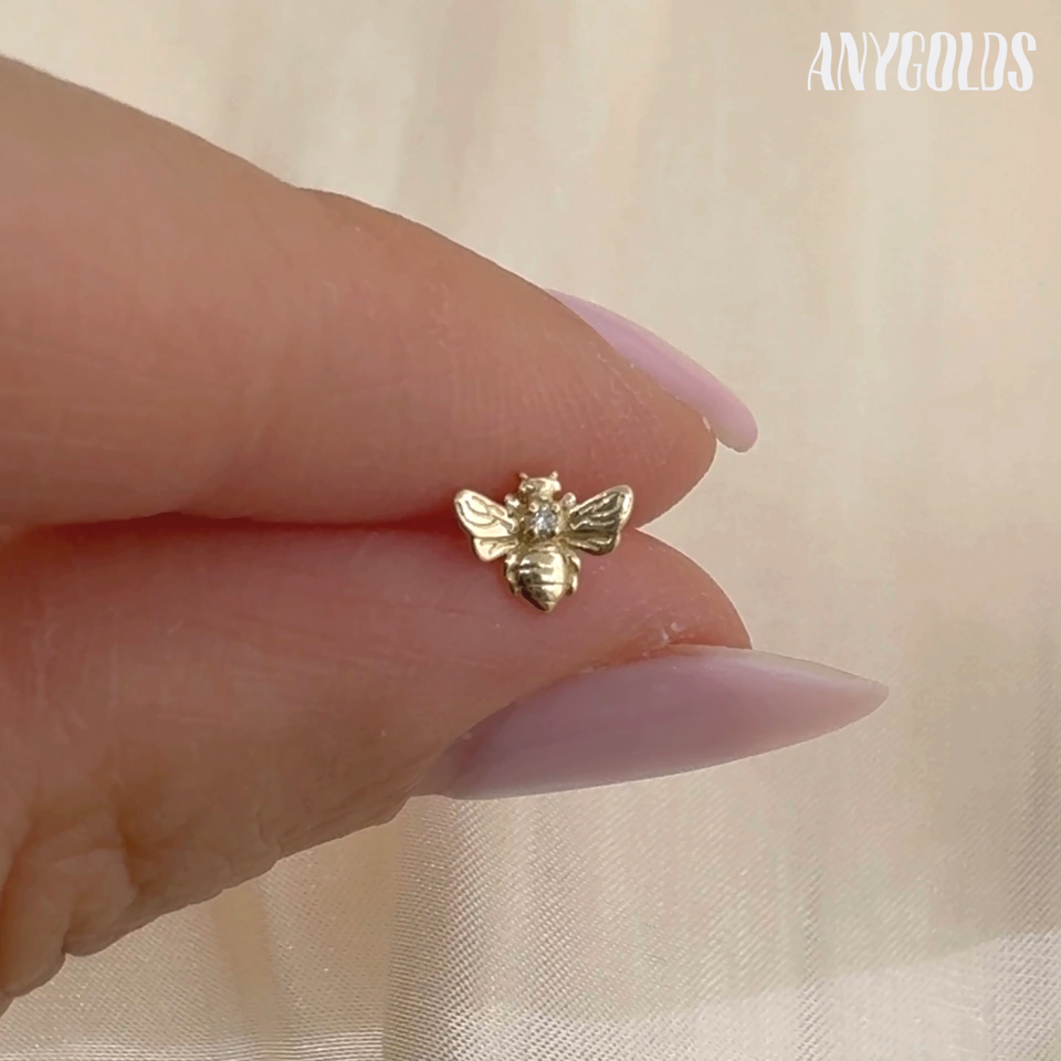 14K REAL Solid Gold Queen Bee Ear Cartilage Stud Earring Piercing 18 ...