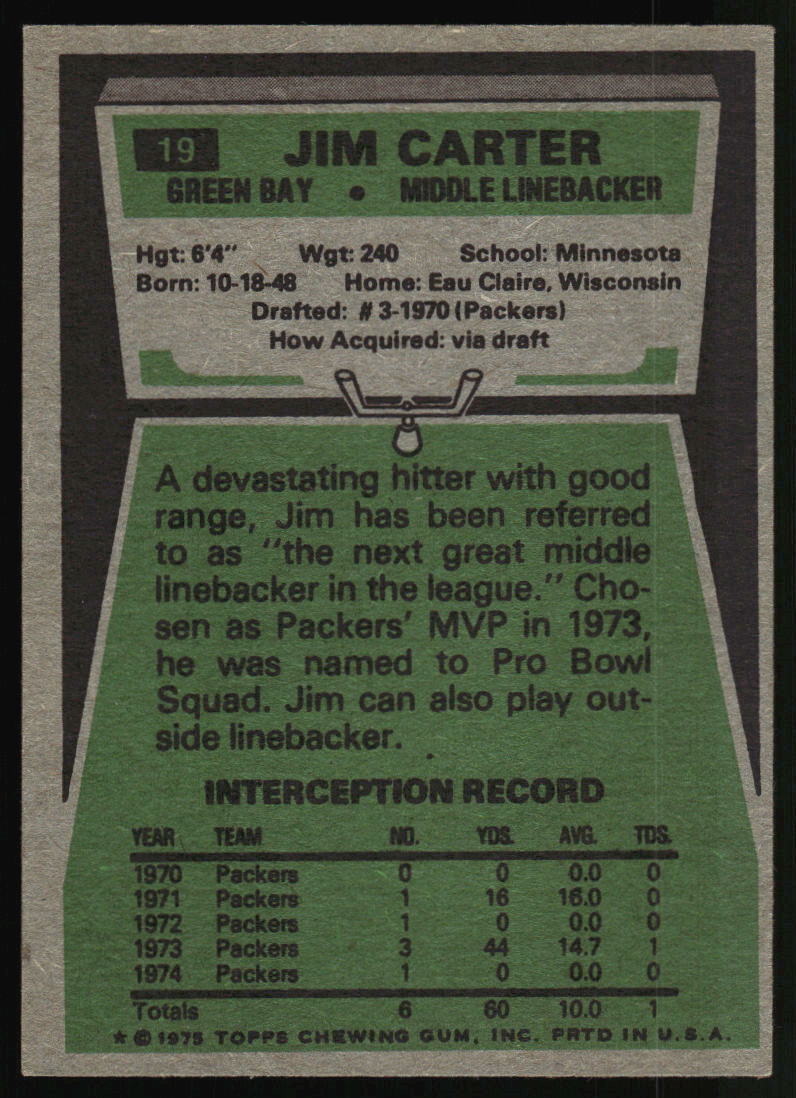 1975 Topps Jim Carter #19 Green Bay Packers L4 | eBay