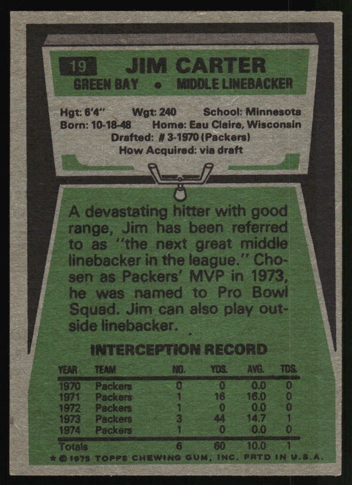 1975 Topps Jim Carter #19 Green Bay Packers L4 | eBay