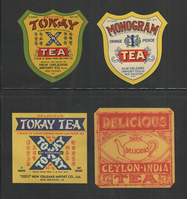 1930's 4 DIFFERENT TOKAY MONOGRAM CEYLON-INDIA TEA LABELS GREAT DESIGNS ...