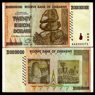 Zimbabwe 20000000000 DOLLAR P-86 2008 ELEPHANT AA Prefix Zimbabwean ...