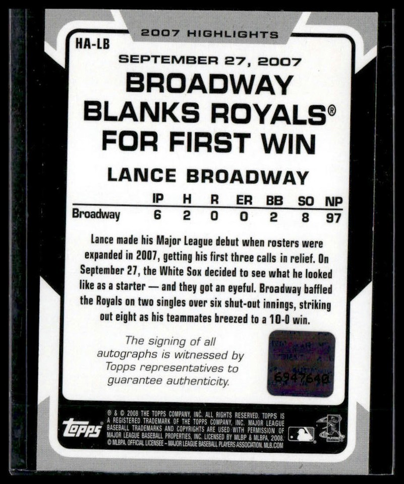 2008 Topps #HA-LB Lance Broadway 2007 Highlights Autographs | eBay