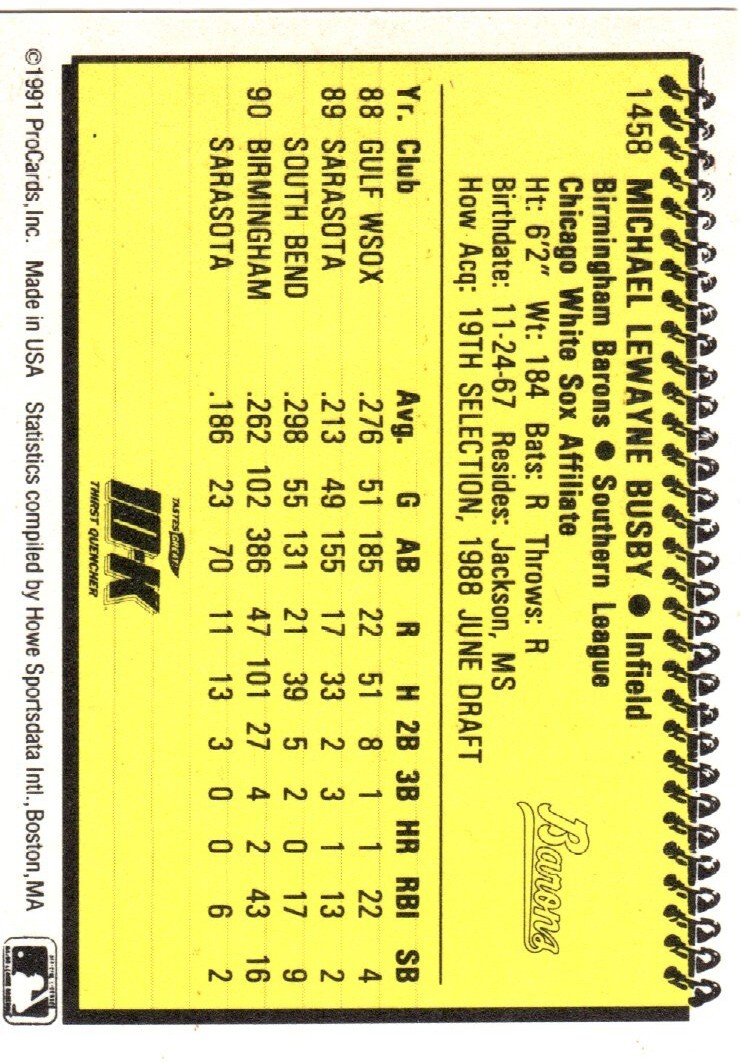 Wayne Busby Autograph 1991 ProCards Minor League Auto Card WHITE SOX ...