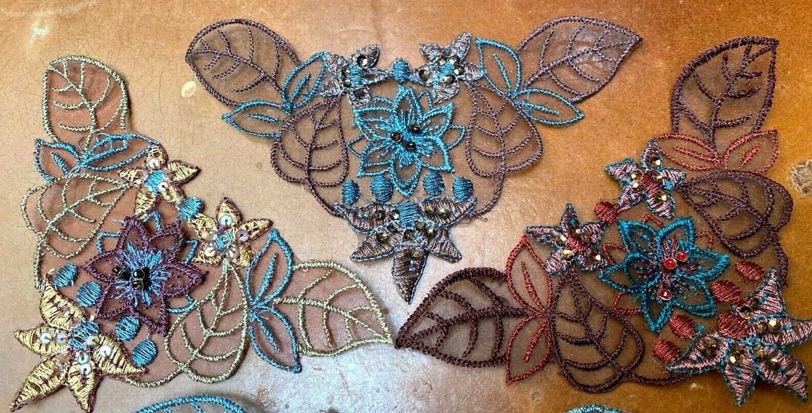 embroidered applique yoke flowers sequins beads 4x5.25" layered 1pc ...