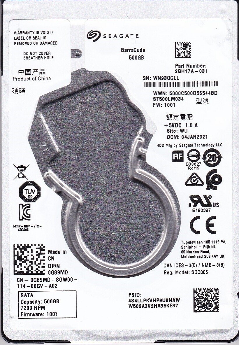 ST500LM034 pn: 2GH17A-031 fw:1001 WU s/n: WN9 2021 500GB SATA 2.5" HDD ...