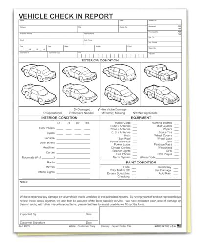 2-Part Carbonless Vehicle Check In Report Forms, 8-1/2" x 11", 100 ...
