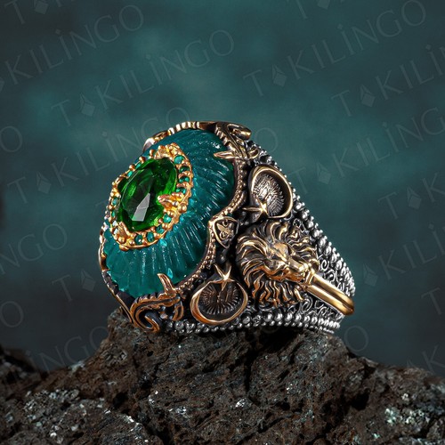 925 Sterling Silver Lion Head Sword Motif Green Zircon Stone Men's Ring ...