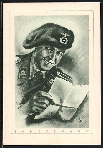 AK El Soldado Alemán, Panzer, Hombre Con Insignia De Calavera Lee Una ...