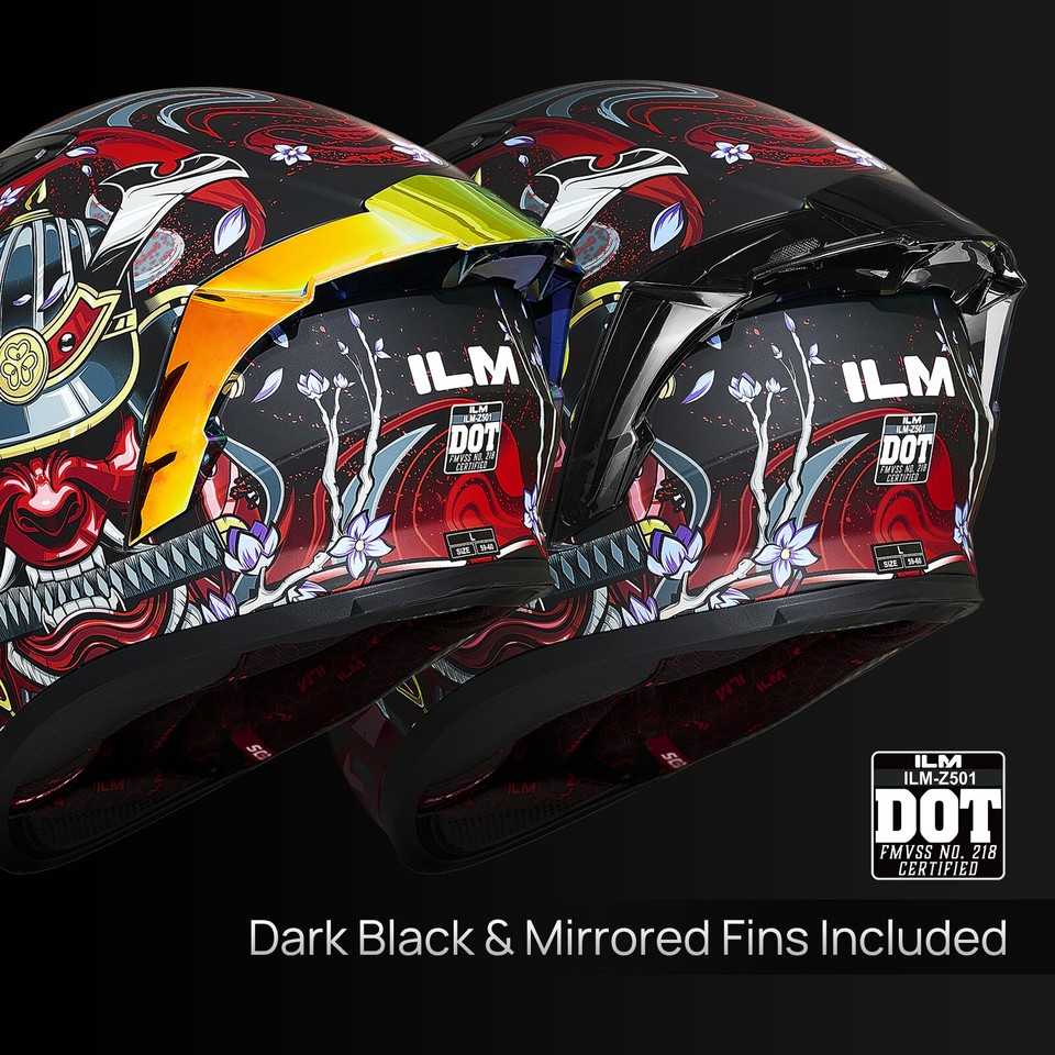 ILM Motorcycle Helmet Full Face with Mirrored&Clear Visors+2 Fins DOT ...