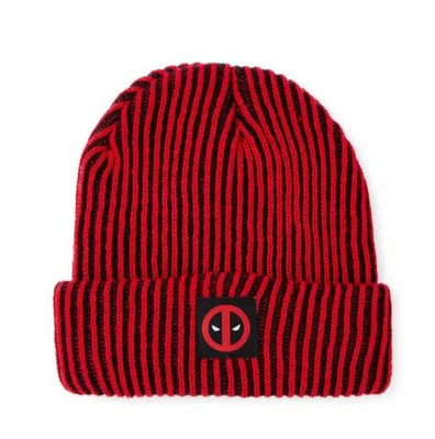 Deadpool Red & Black Striped Beanie w/ Logo Patch Winter Snow Hat ...