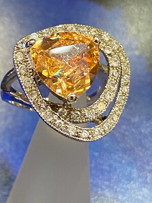 Size 7 BIG YELLOW TRIANGLE CITRINE & WHITE CZ STONES Womens STERLING ...