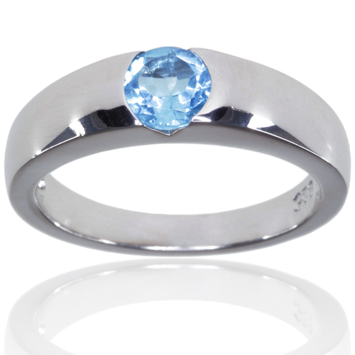 Swiss Blue Topaz Gemstone Round Flush Setting Sterling Silver 925 Ring ...