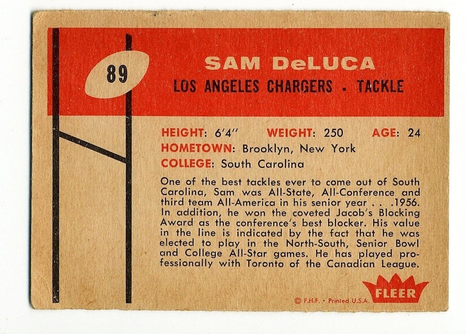 1960 FLEER LOS ANGELES CHARGERS SAM DELUCA #89 CREASE | eBay
