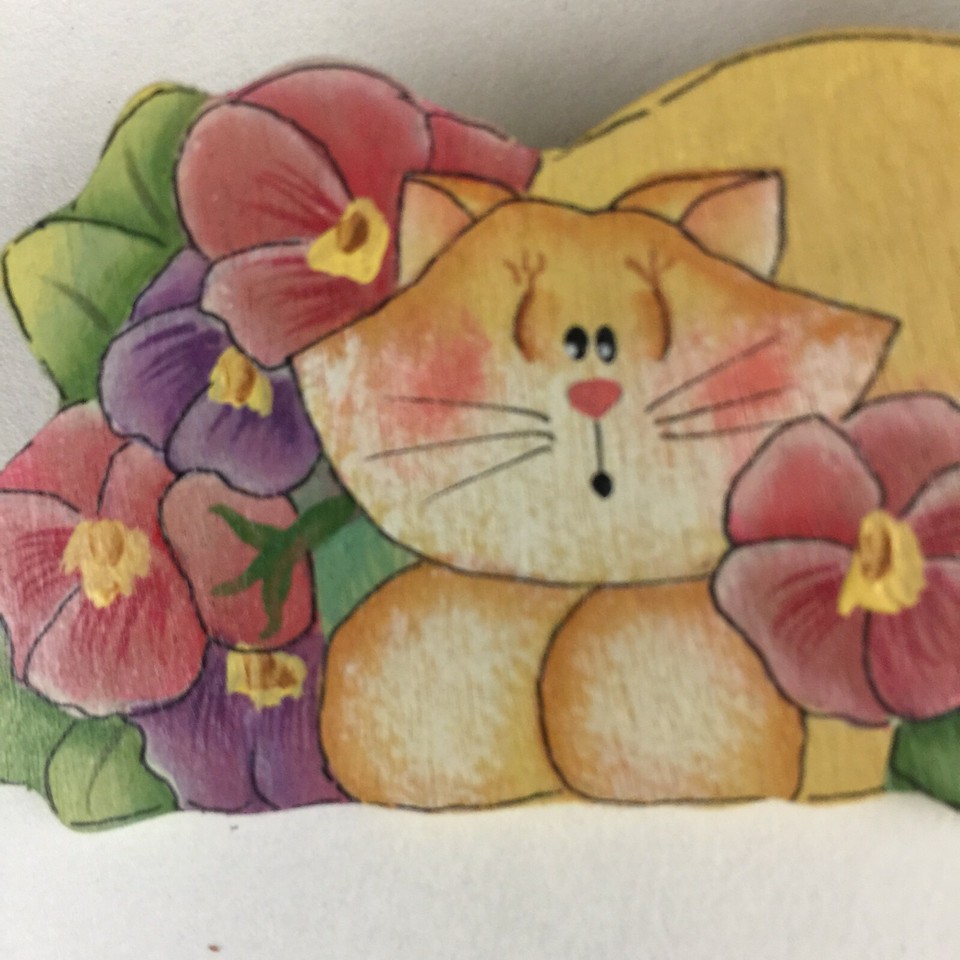 Brooch Cat with Pansies Pin Flowers Wooden Hand Painted Locking Bar Pin ...
