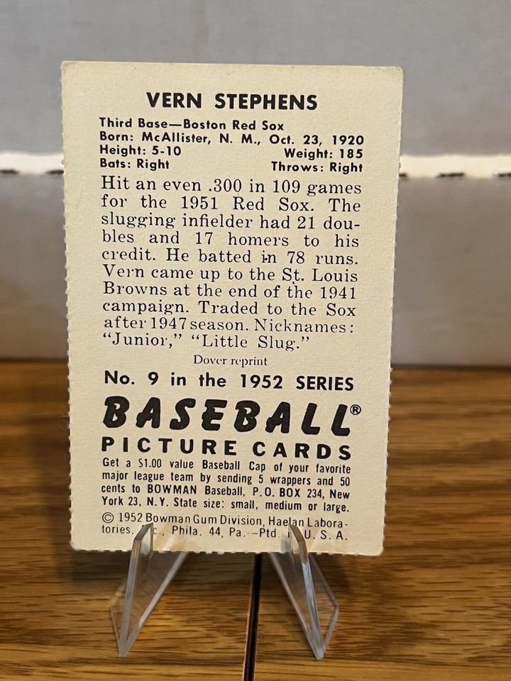 Dover reprint - 1952 Bowman #9 Vern Stephens Boston Red Sox | eBay